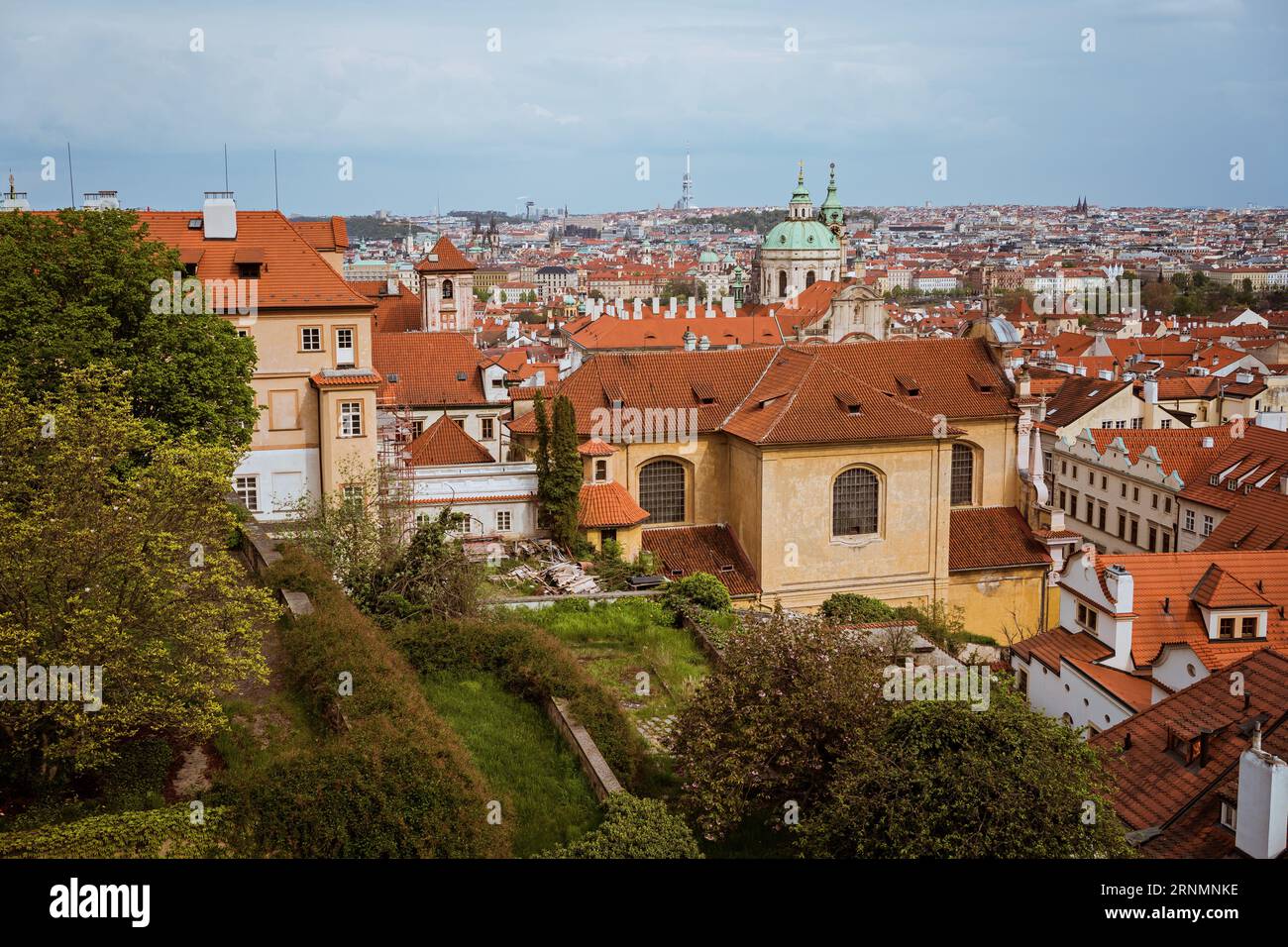 Top view to red roofs skyline of Prague city, Czech Republic. Aerial ...