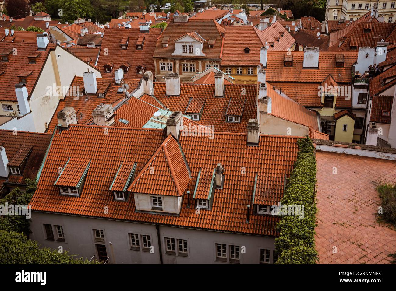 Top view to red roofs skyline of Prague city, Czech Republic. Aerial ...