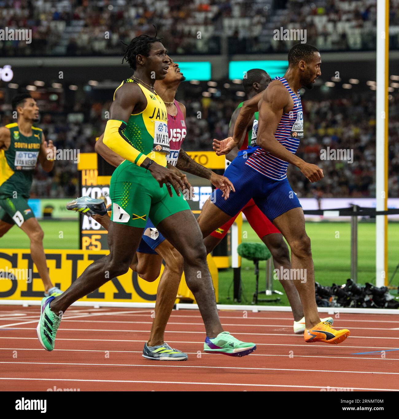 Antonio Watson of Jamaica and Matthew Hudson-Smith of GB & NI crossing the finishing in the men ...