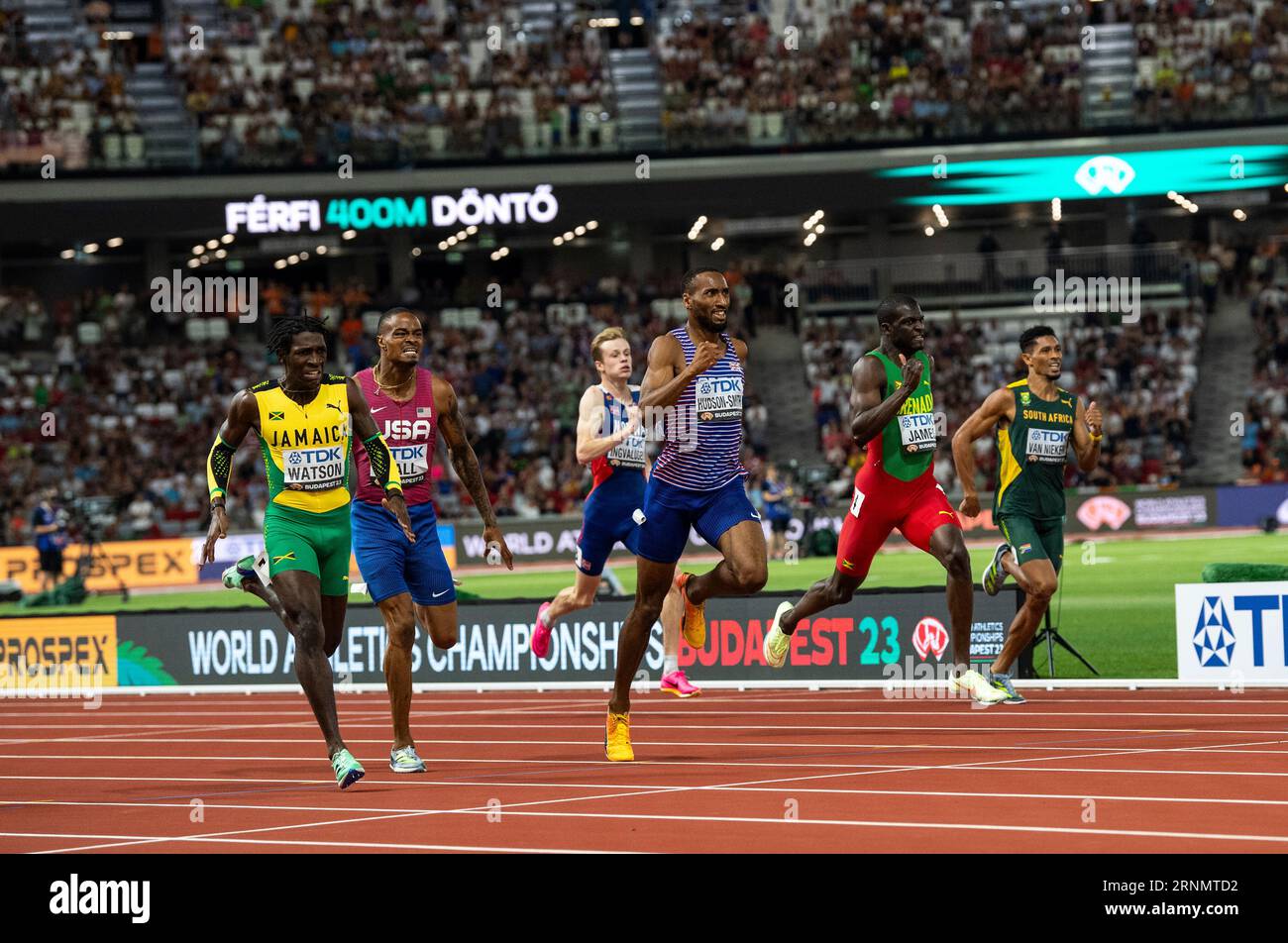 Antonio Watson of Jamaica, Matthew Hudson-Smith of GB & NI and Kirani James of Grenada competing ...