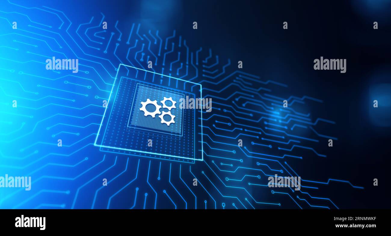 Gears mechanism on virtual screen. Automation and business process flow ...