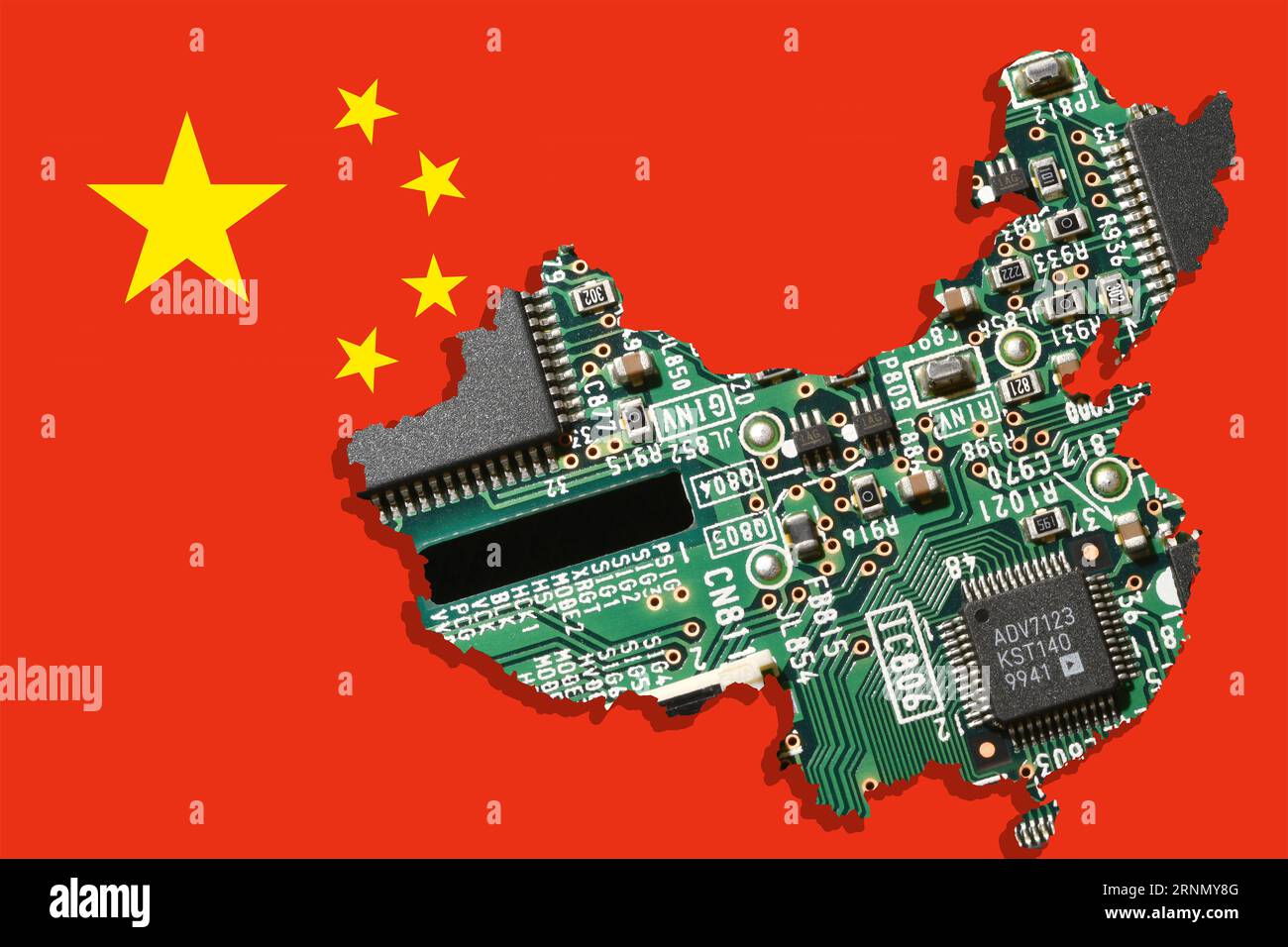 Electronic Circuit Board With Microchips In Form Of Map Of China Over Flag Of China Concept For