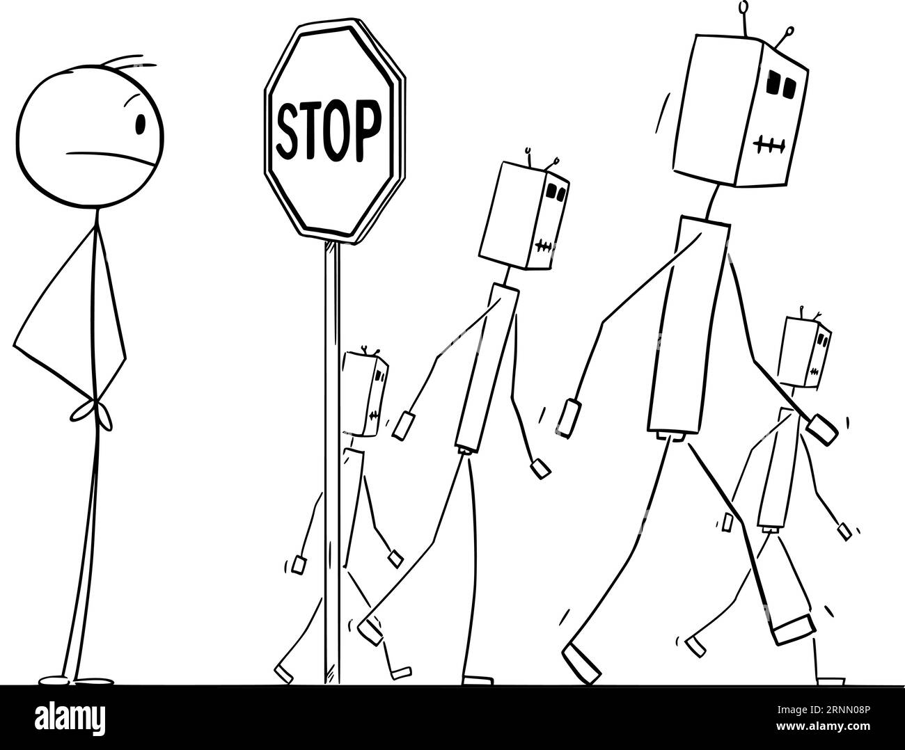 Human Loosing to AI or Robot Competitors, Vector Cartoon Stick Figure ...