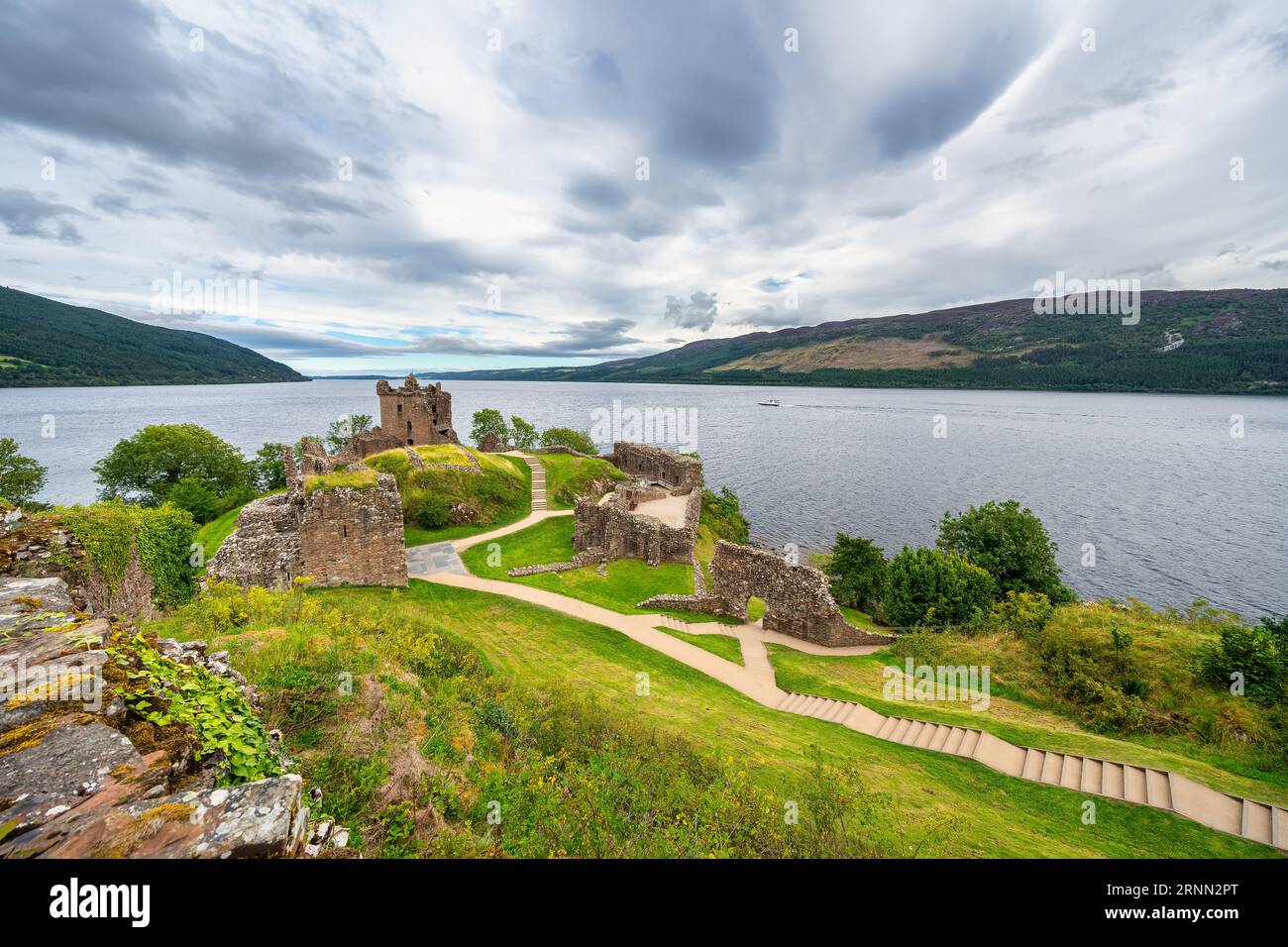 Great panorama of Loch Ness with Urquhart Castle on a hill by the loch, Scotland Stock Photo - Alamy