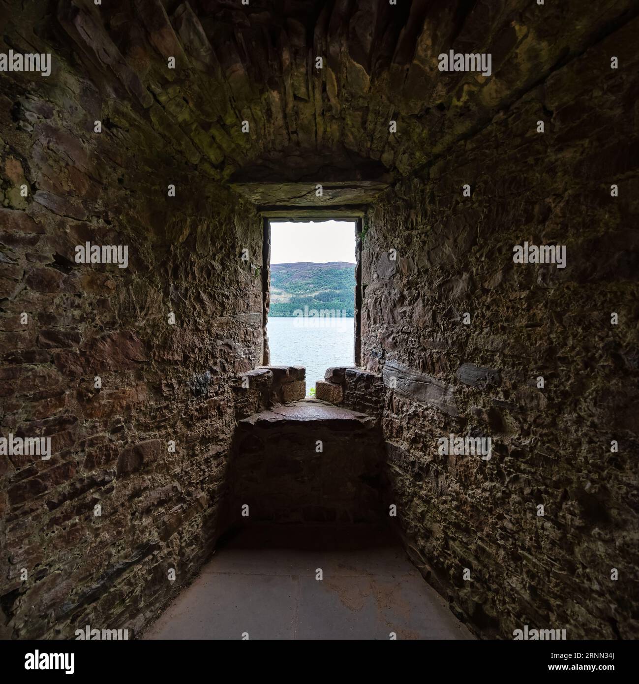 Small window overlooking Loch Ness from Urquhart Castle, construction ...