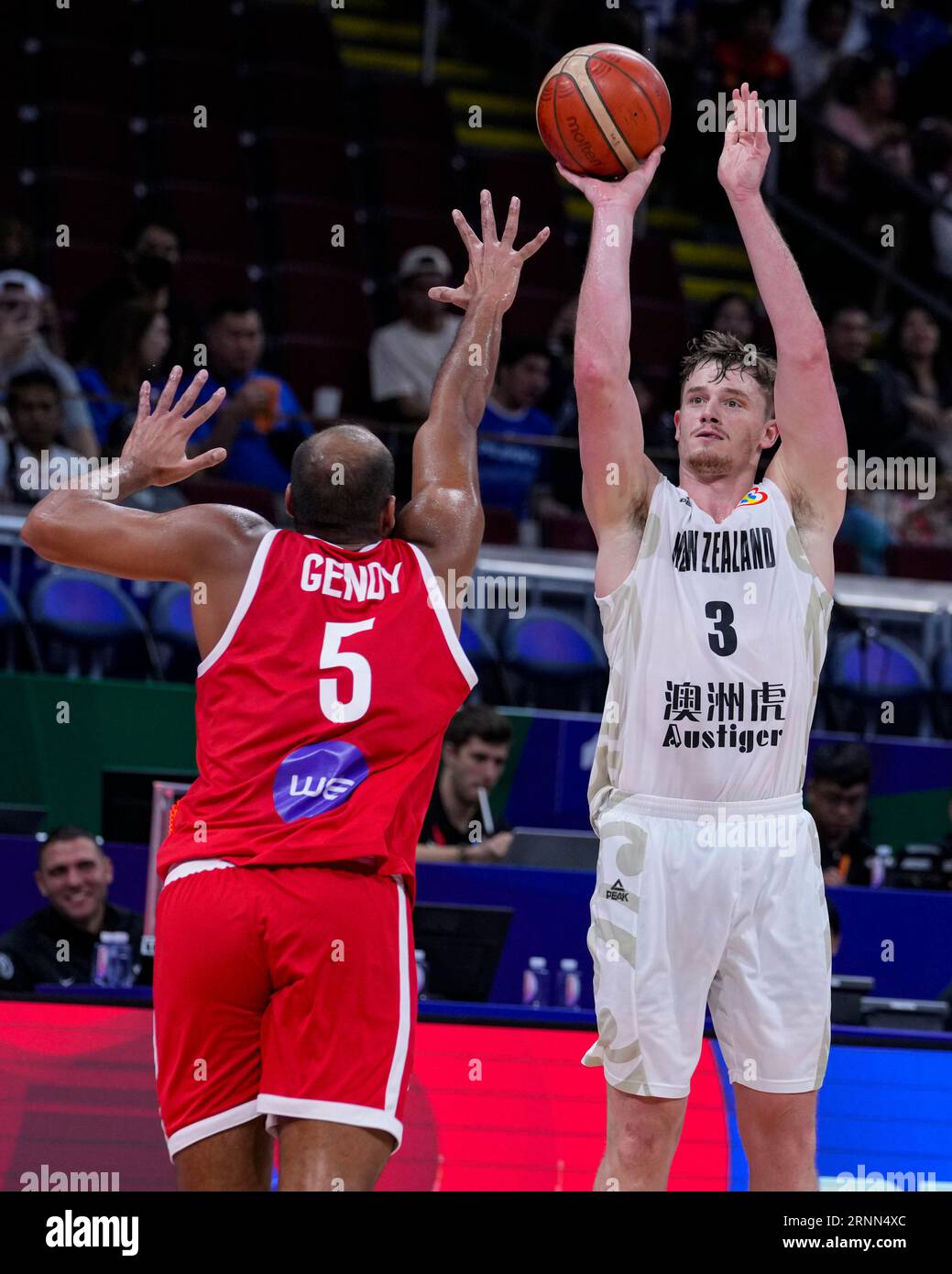 New Zealand forward Finn Delany (3) shoots over Egypt forward Amr El ...