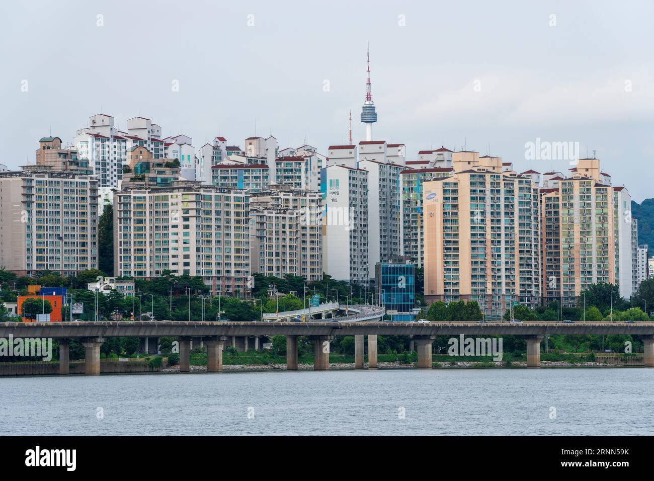 Seoul,South Korea-24 August 2023 Han river ,residential buildings and ...