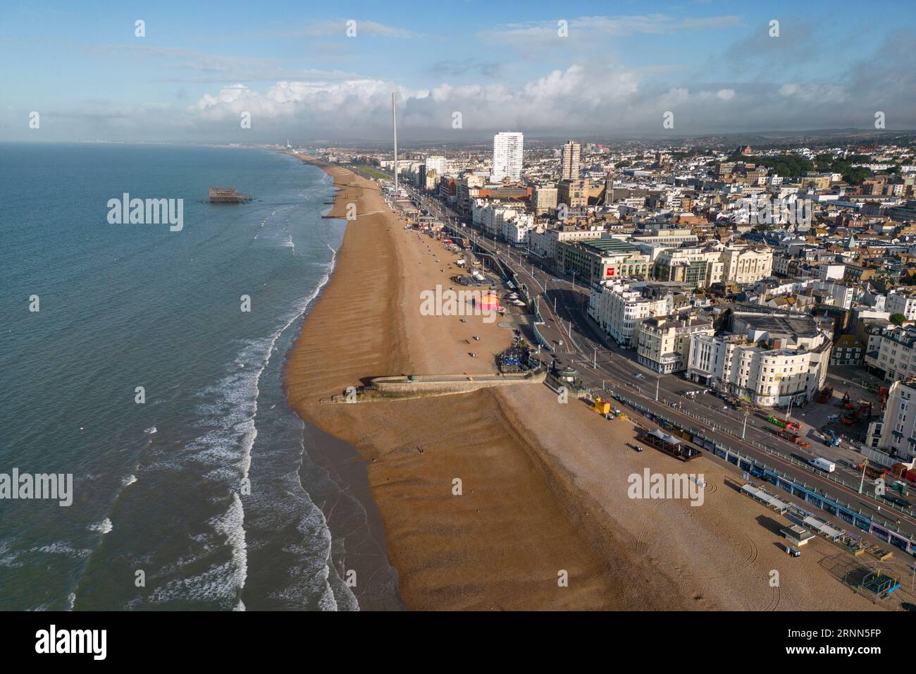Aerial view of the beach towards the 360i observation tower, Brighton ...