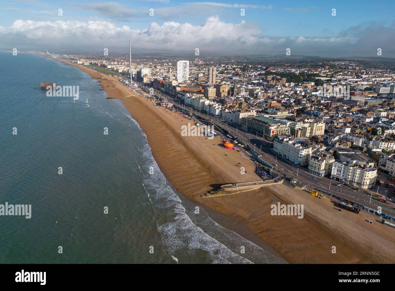 Aerial view of the beach towards the 360i observation tower, Brighton ...