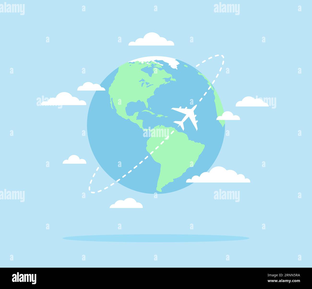 Planet Earth with an airplane flying around it and clouds on a blue ...