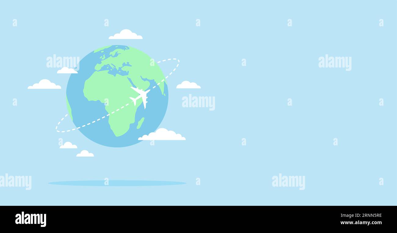 Planet Earth with an airplane flying around it and clouds on a blue ...