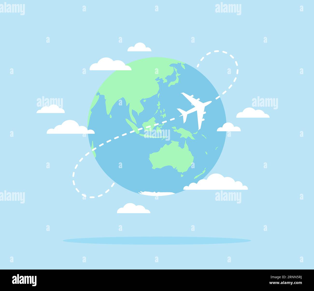Earth globe with an airplane, transport route and clouds on a blue ...