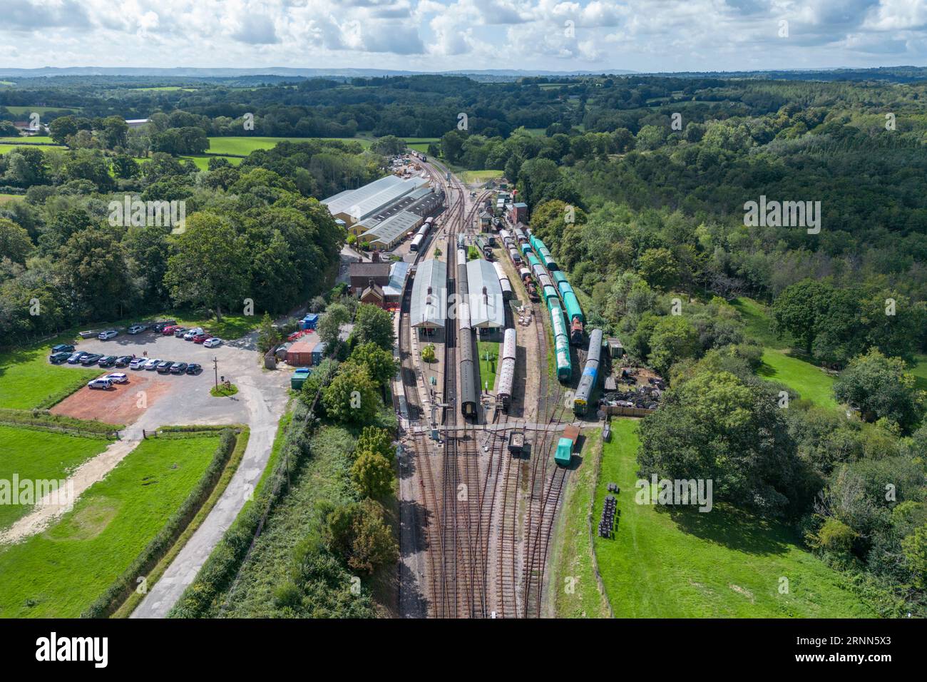 Aerial view of the Bluebell Railway and the station at Horsted Keynes ...