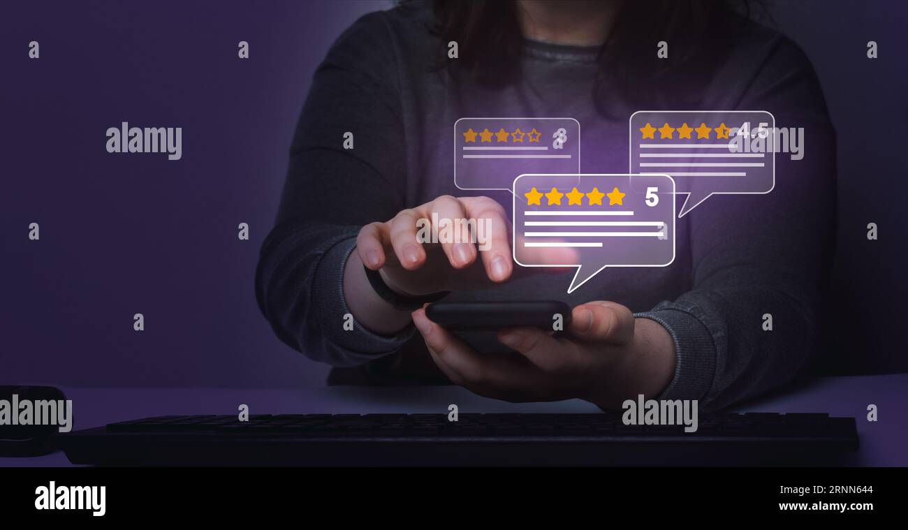 Woman rating a service. Customer review satisfaction feedback survey on ...