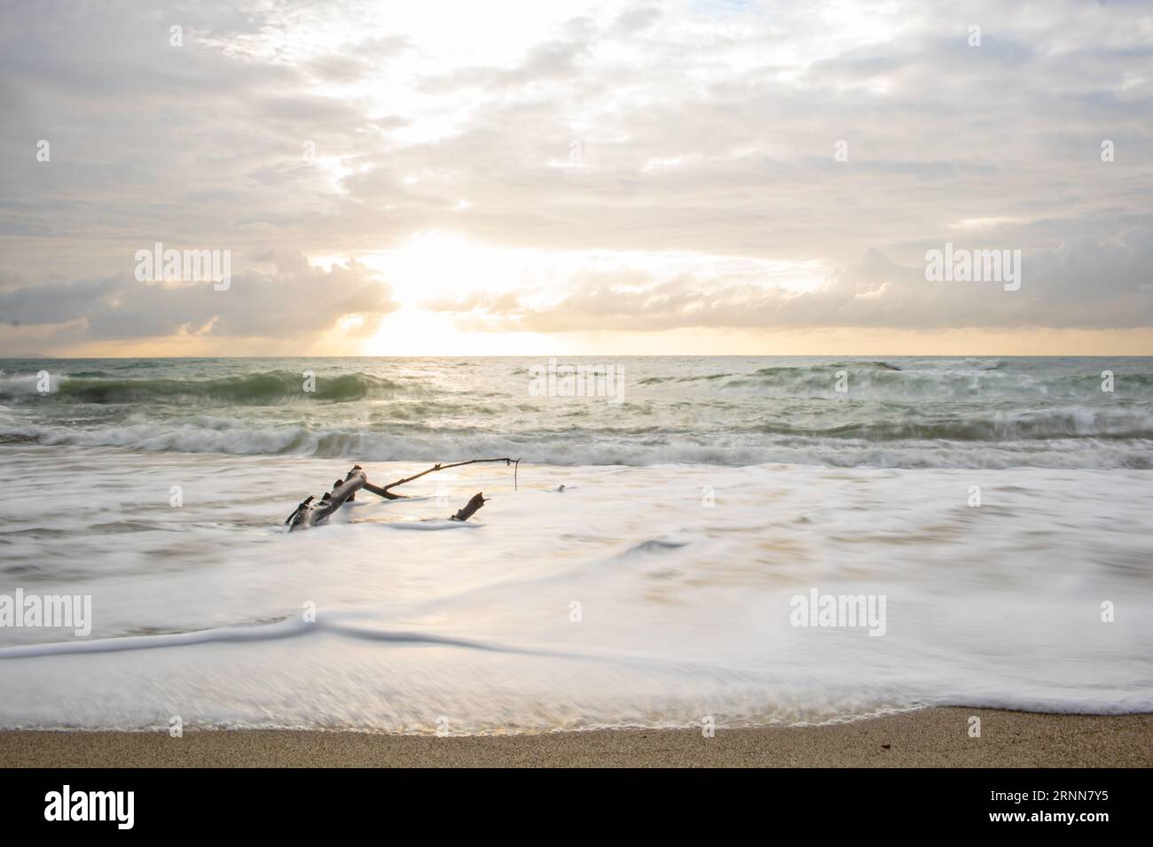 Beautiful landscape view of sea and empty beach on sunset. Sea sand sky ...