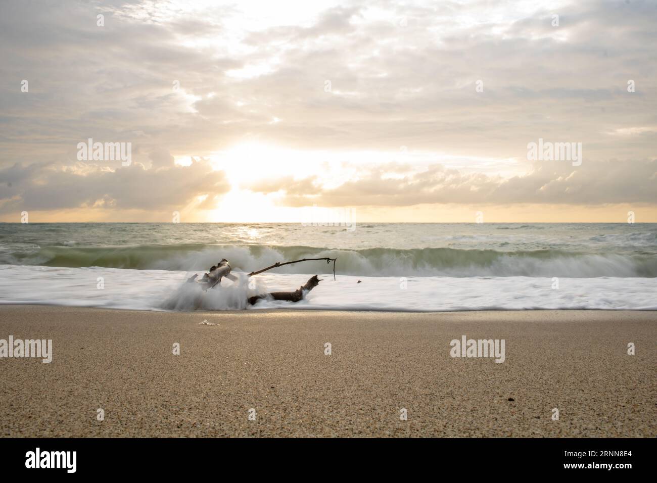 Beautiful landscape view of sea and empty beach on sunset. Sea sand sky ...