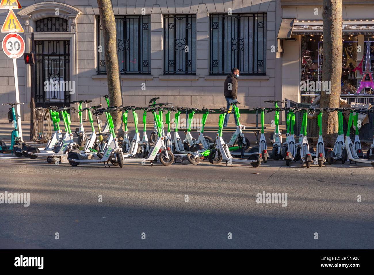 Paris, France - Jaunary 24, 2022: Electric scooters parked in a street ...