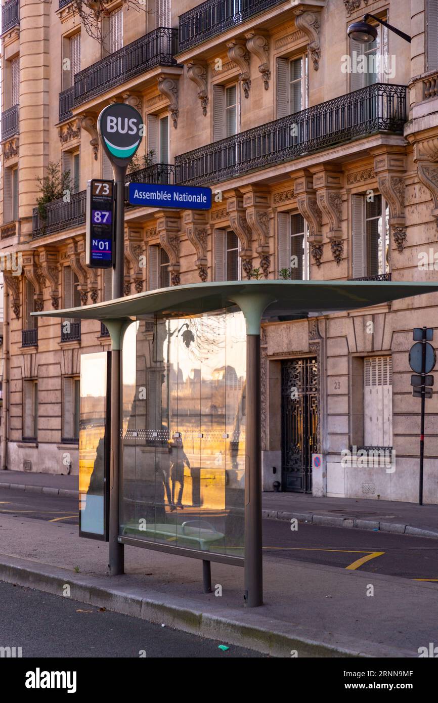 Paris, France - January 20, 2022: Assamblee Nationale bus stop sign in ...