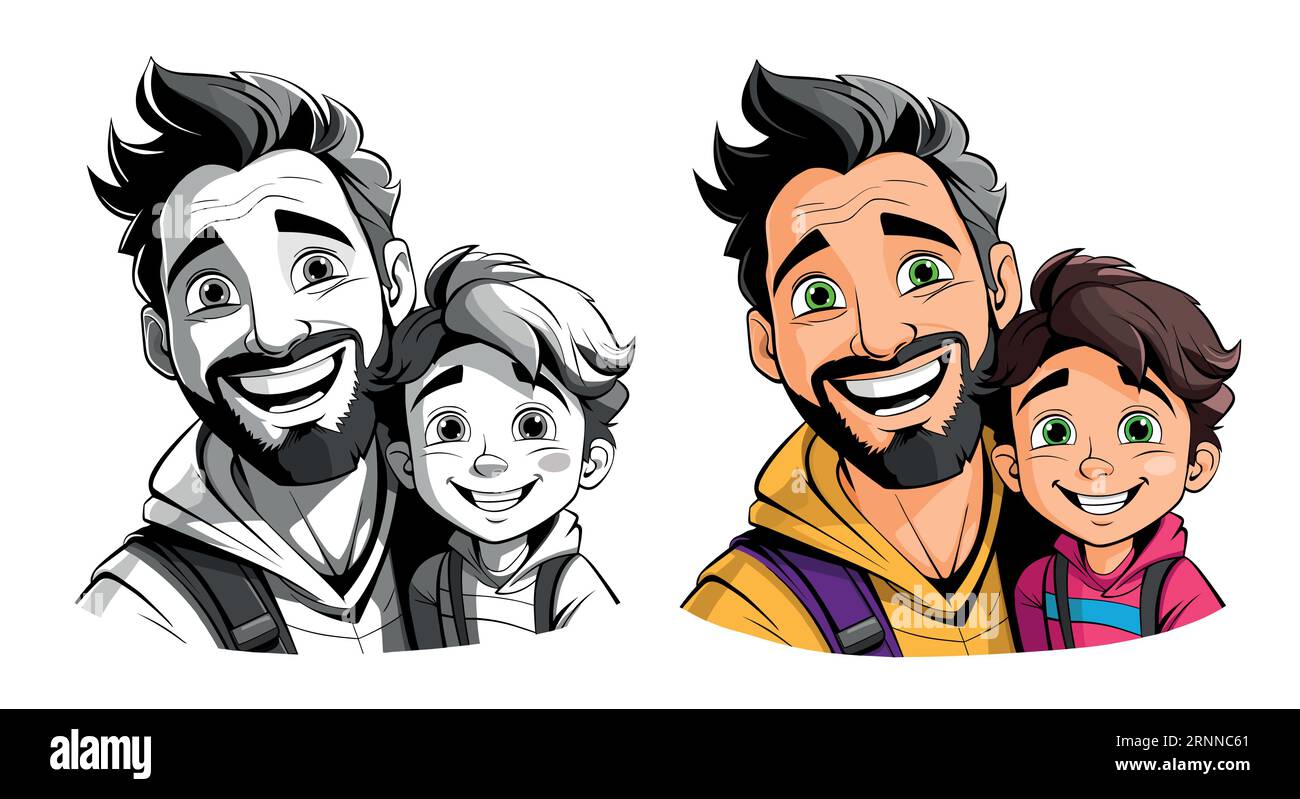 Happy dad and baby son are look into the camera together. Father is ...