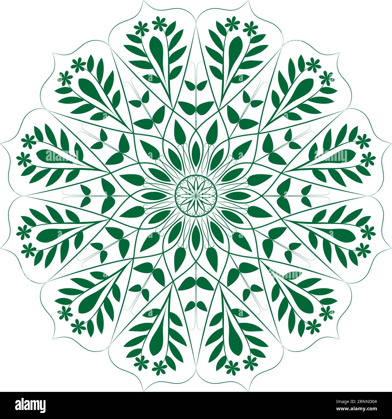 This is a green color mandala design on white background and leaves and ...