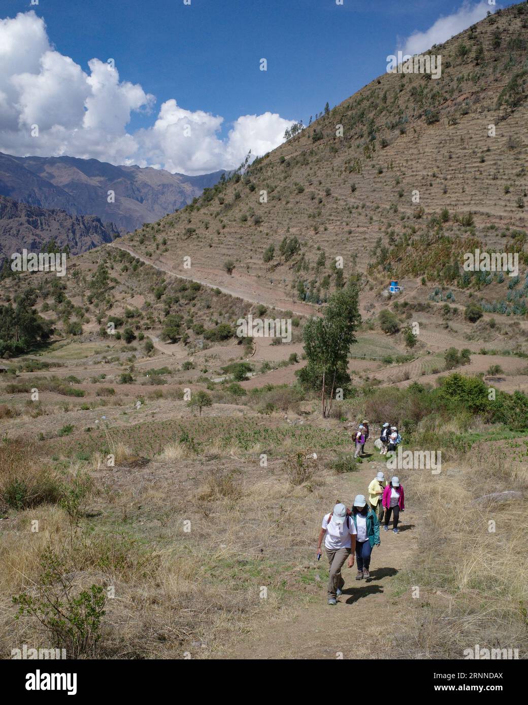 Cusco, Peru - Dec 3, 2022: A group of tourists begin a hike in the ...
