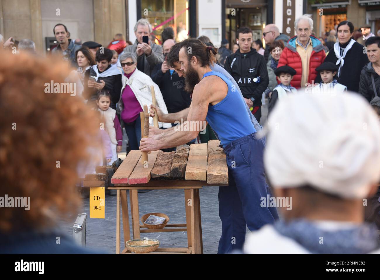 San Sebastian, Spain - Dec 21, 2022: Musicians playing the Txalaparta ...