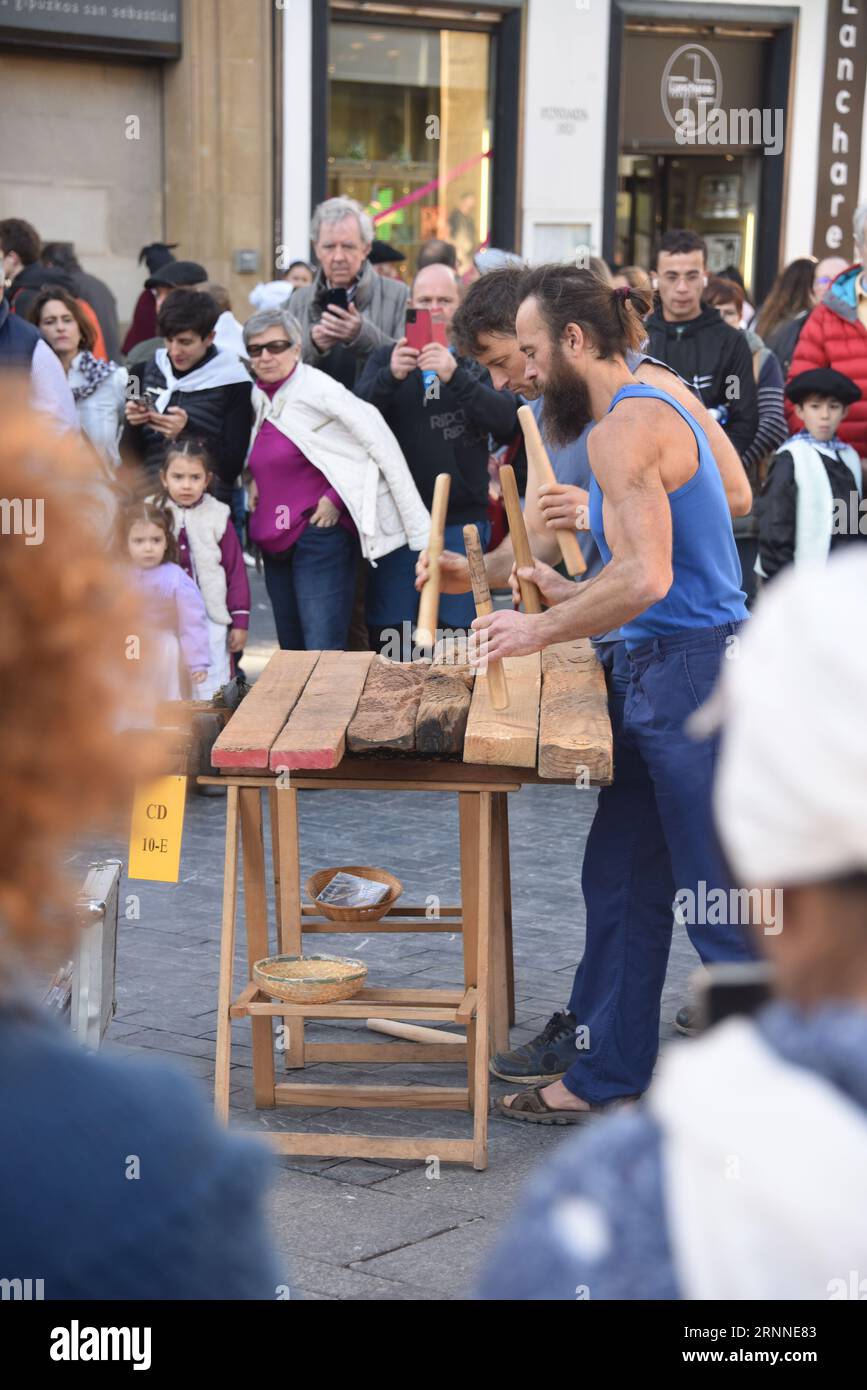San Sebastian, Spain - Dec 21, 2022: Musicians playing the Txalaparta ...