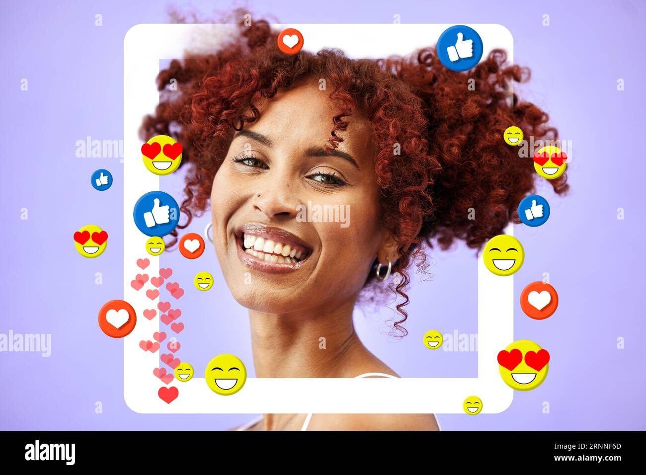 Social media, frame and portrait of woman in post, blog or profile ...