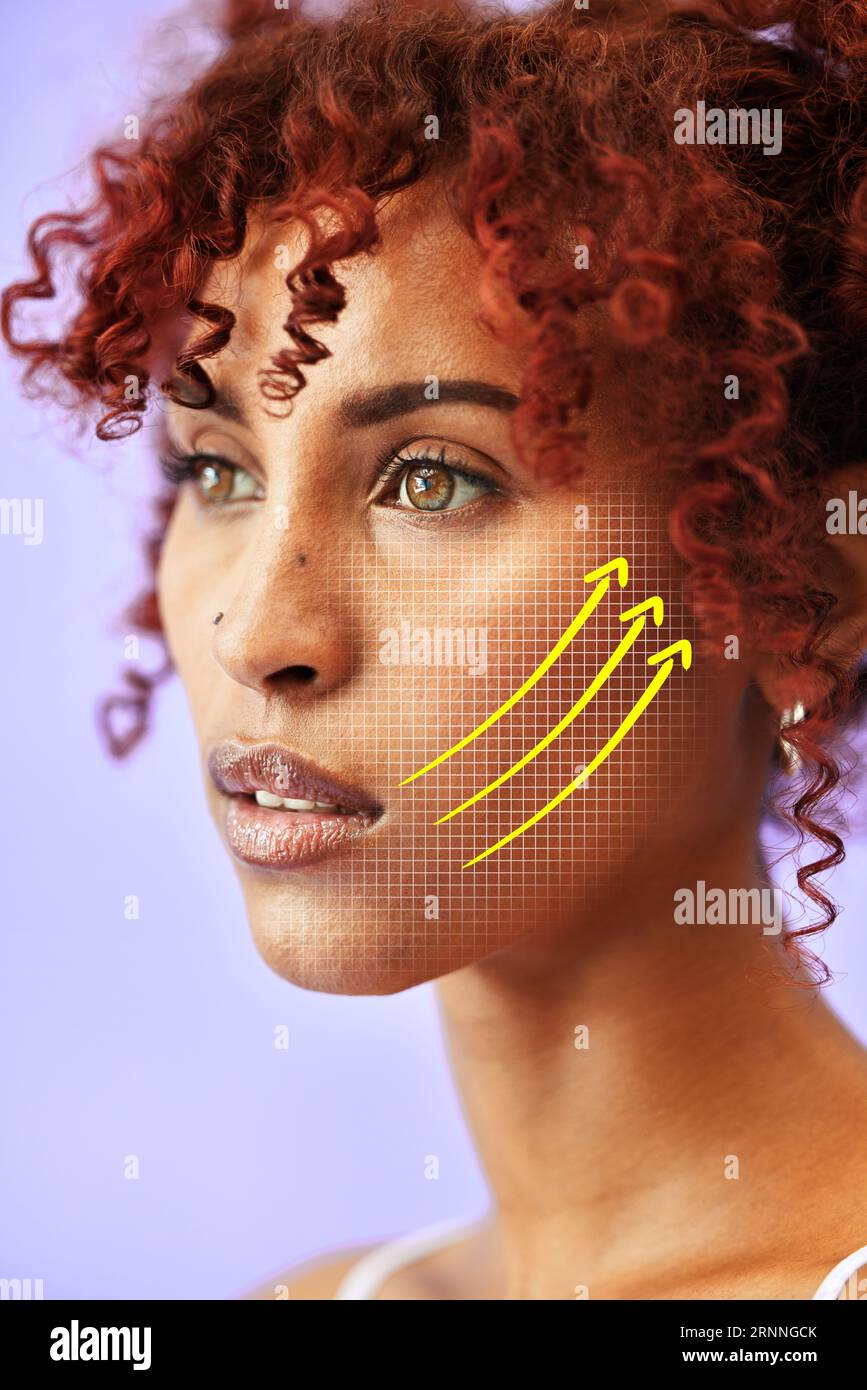 Studio face, plastic surgery lines and woman with dermatology cosmetics ...