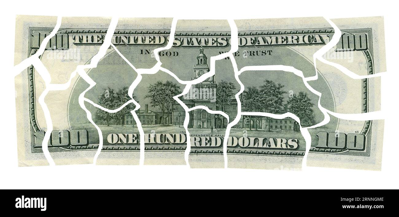 Business concepts. Financial crisis. Puzzle of cut money dollar ...