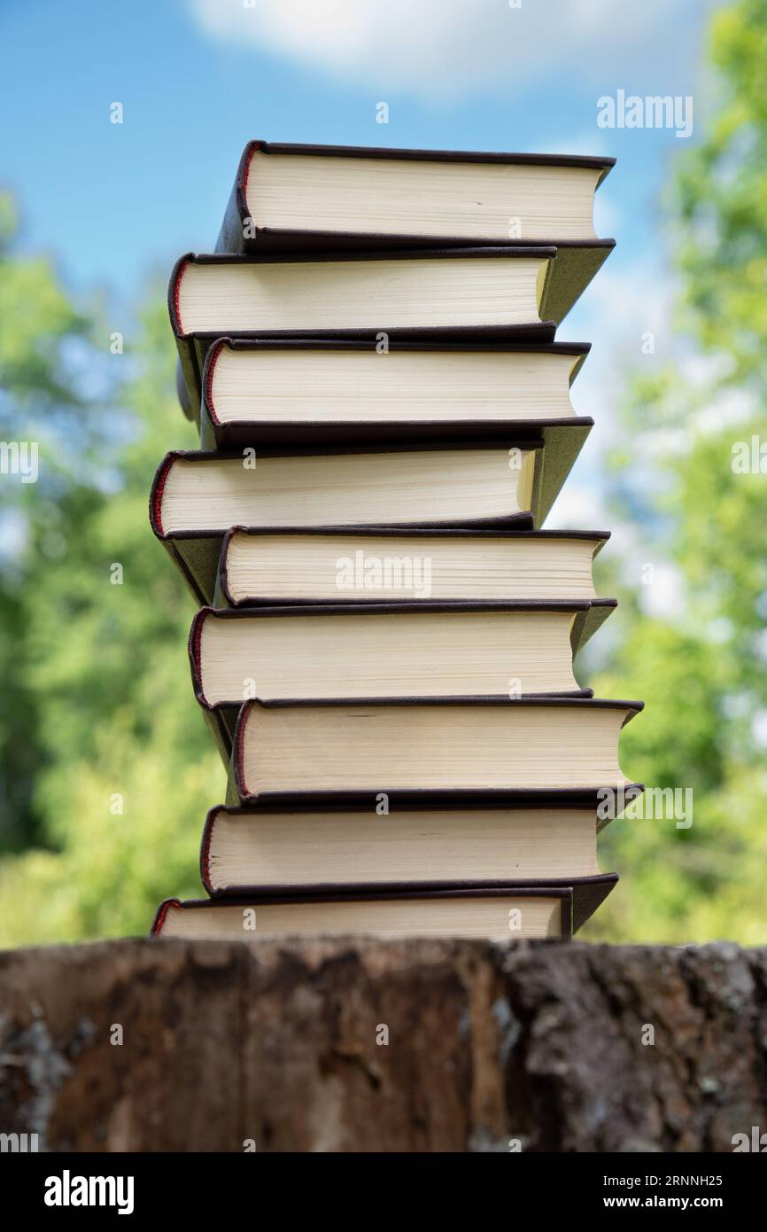 High stack of a books on a tree stump outdoors Stock Photo - Alamy