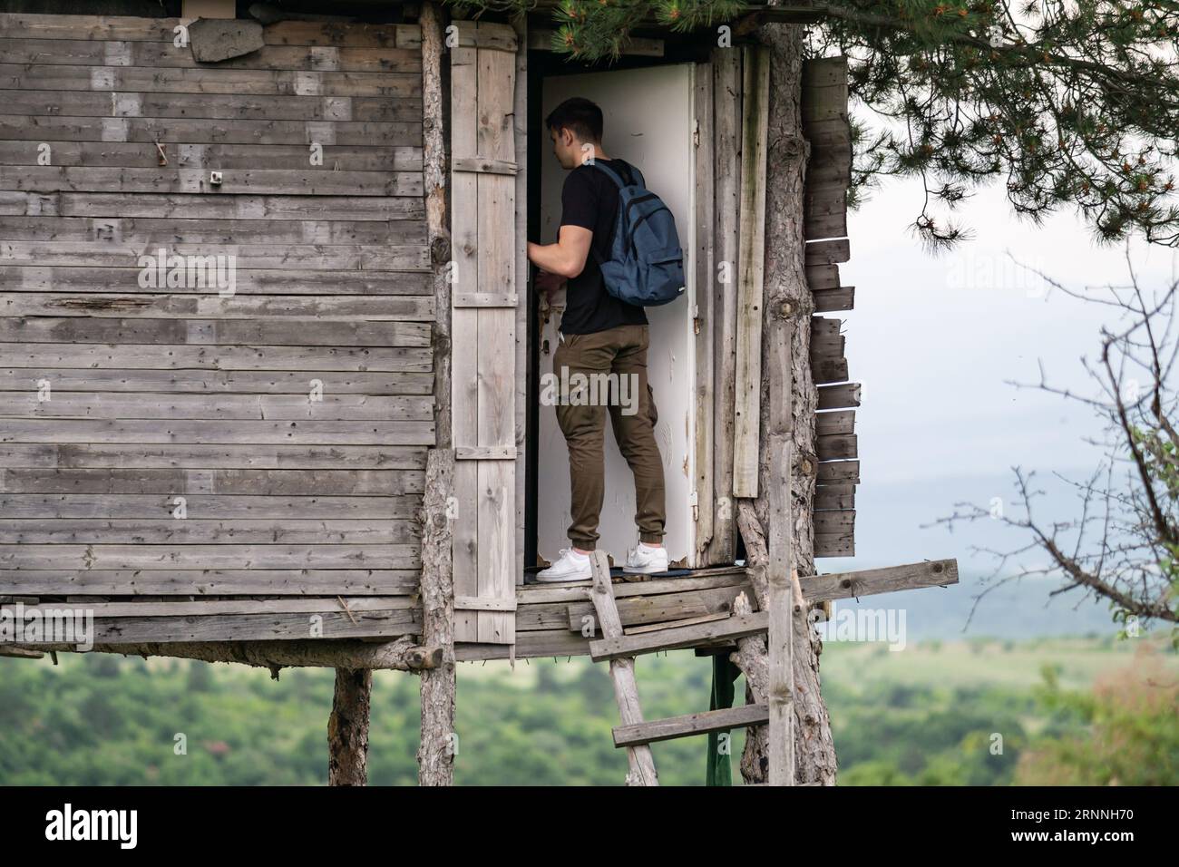 handsome young man with backpack standing on stairs of a wild wooden ...