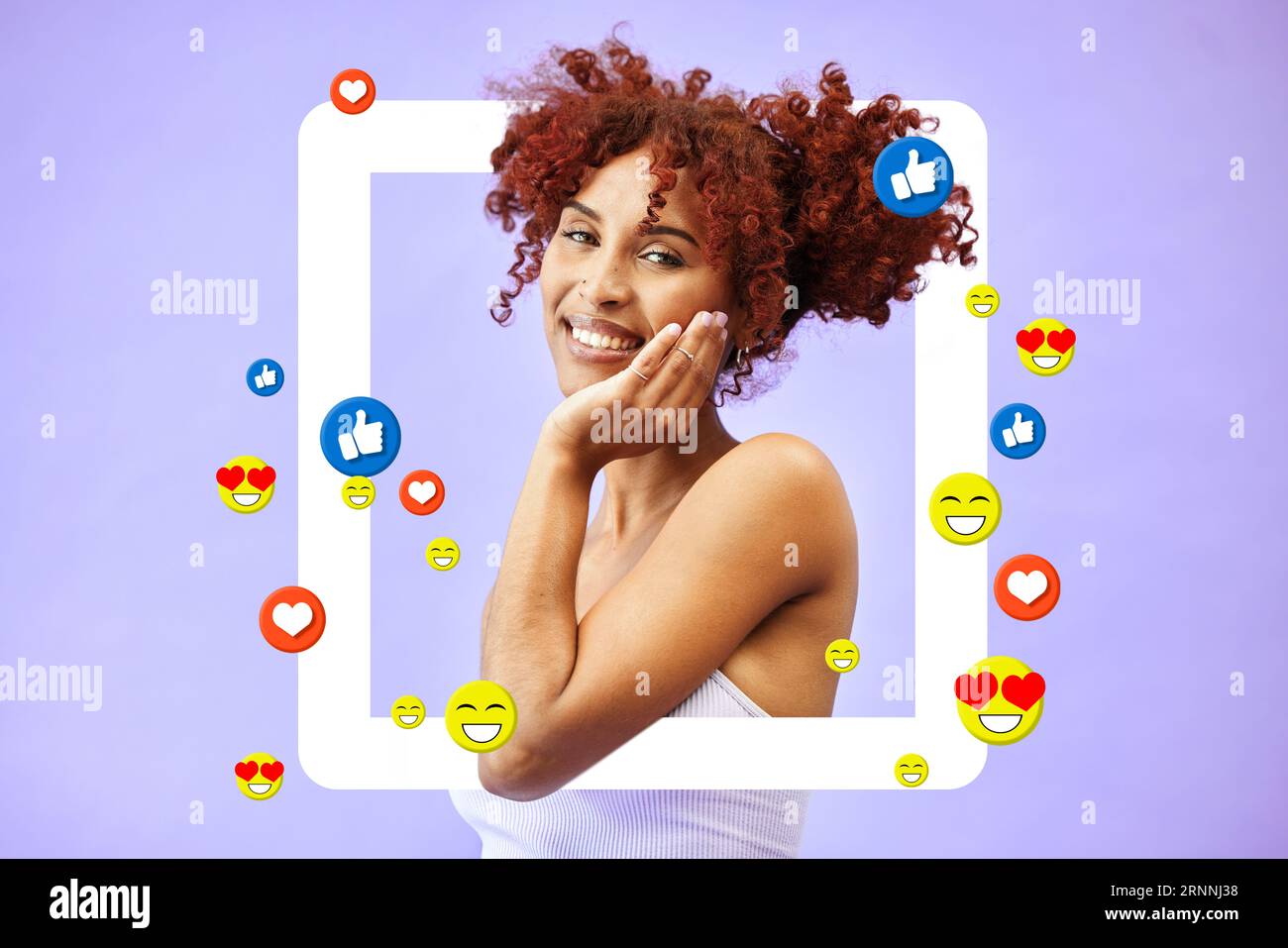 Social media, portrait and woman in a frame for a blog, post or profile ...