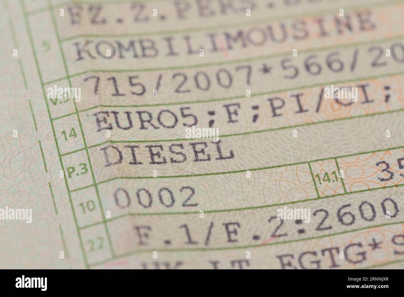 a vehicle registration document with the words (Diesel, Euro 5) and a ...