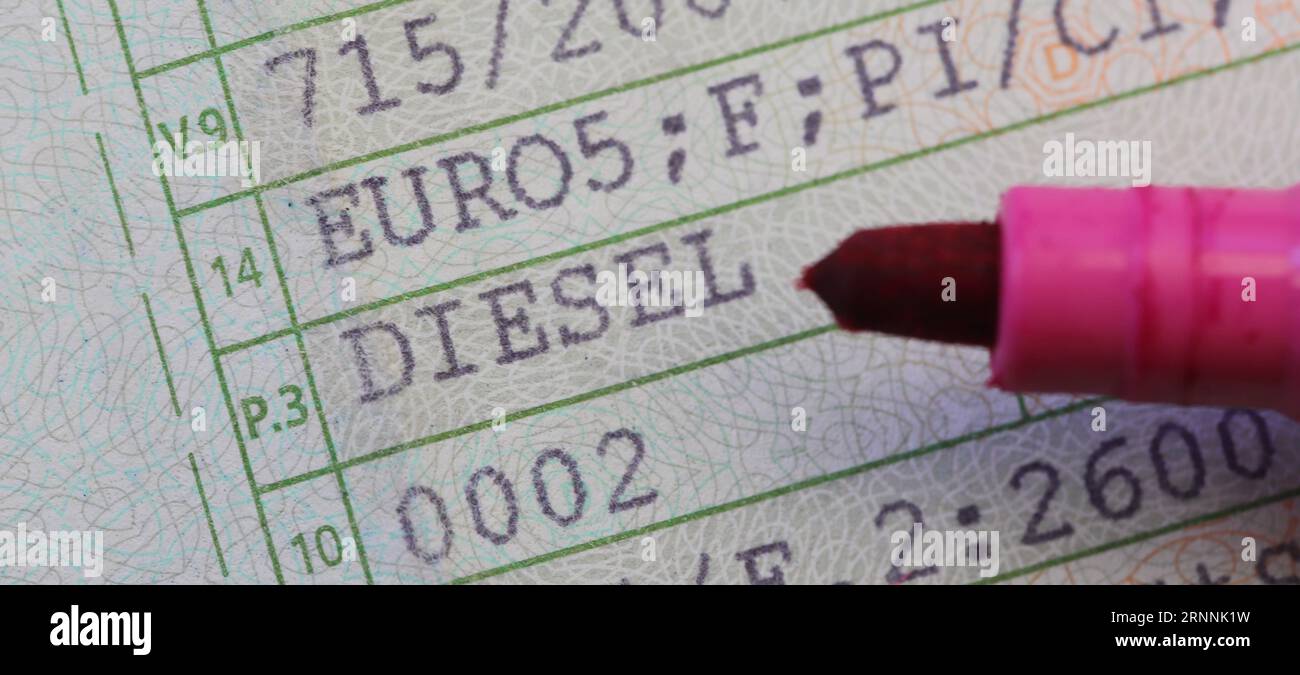 a vehicle registration document with the words (Diesel, Euro 5) and a ...