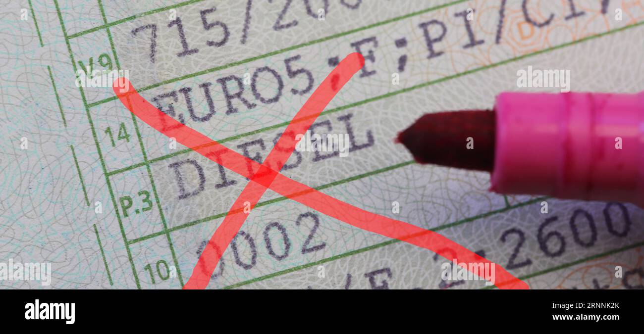 a vehicle registration document with the words (Diesel, Euro 5) and a ...
