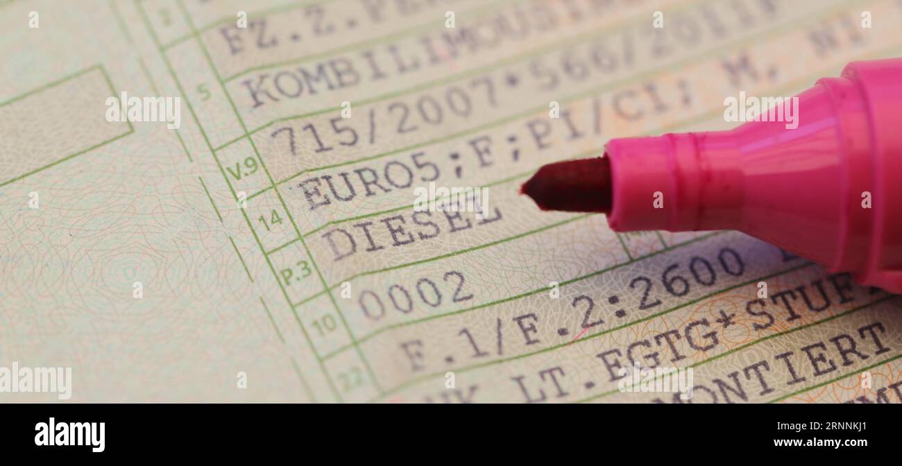 a vehicle registration document with the words (Diesel, Euro 5) and a ...