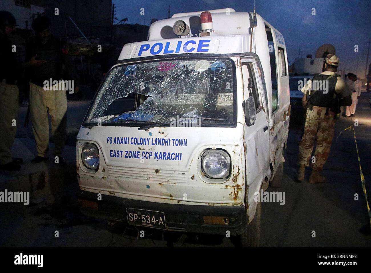 (170721) -- KARACHI (PAKISTAN), July 21, 2017 -- A damaged police van ...