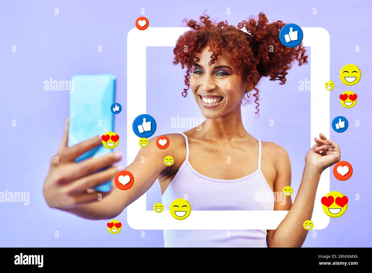 Social media, selfie and woman in a frame for a blog, post or profile ...