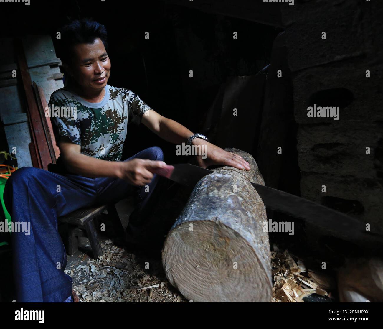 (170723) -- LIUZHOU, July 23, 2017 -- Liang Ronghua cuts a log to get ...