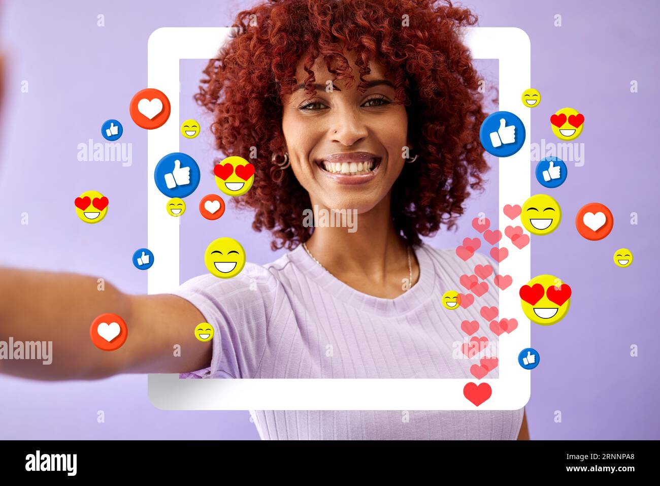Selfie of happy woman influencer, social media and emoji in studio to ...