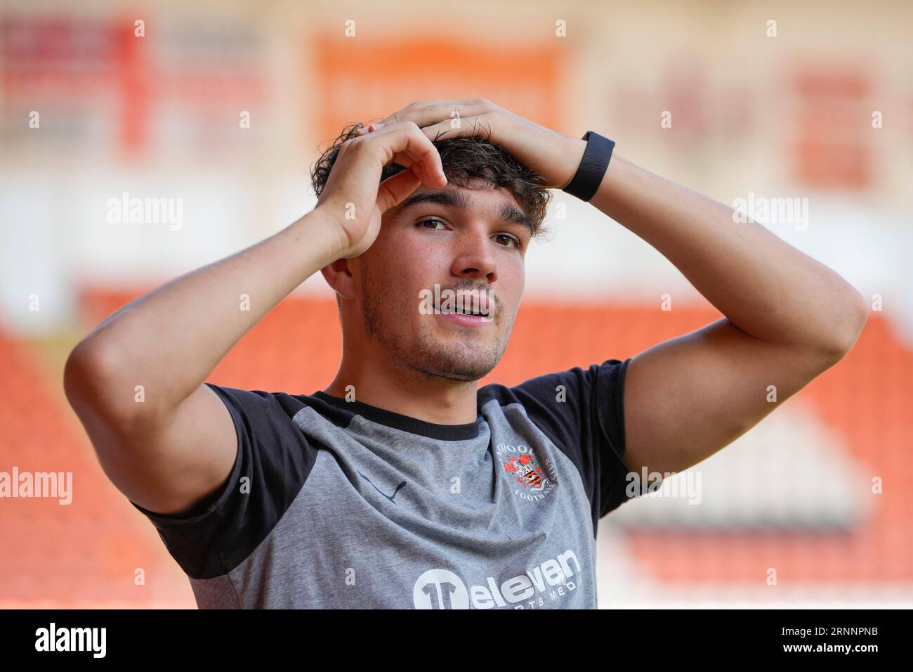 Kyle Joseph #9 of Blackpool arrives at the stadium before the Sky Bet League 1 match Blackpool ...