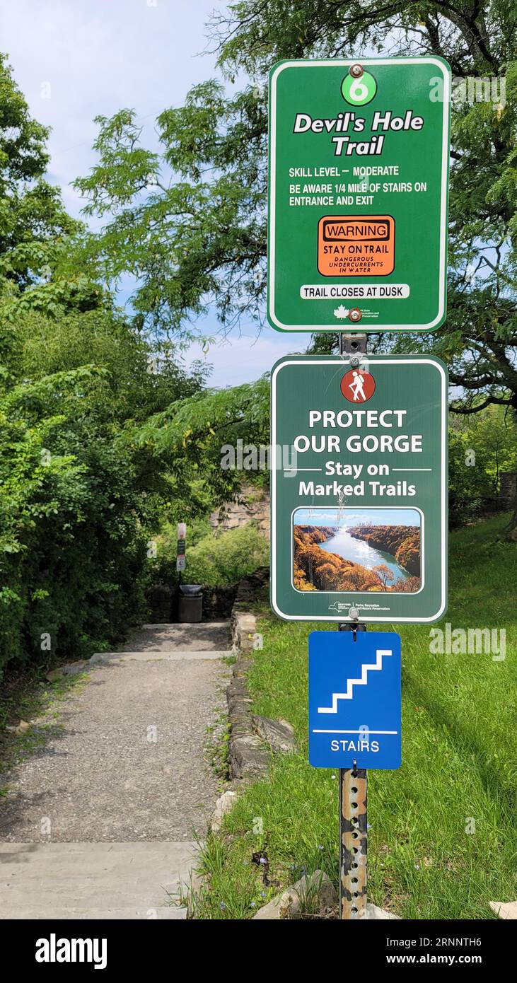 A vertical of a sign of Devil's Hole State park at Niagara Falls, New ...