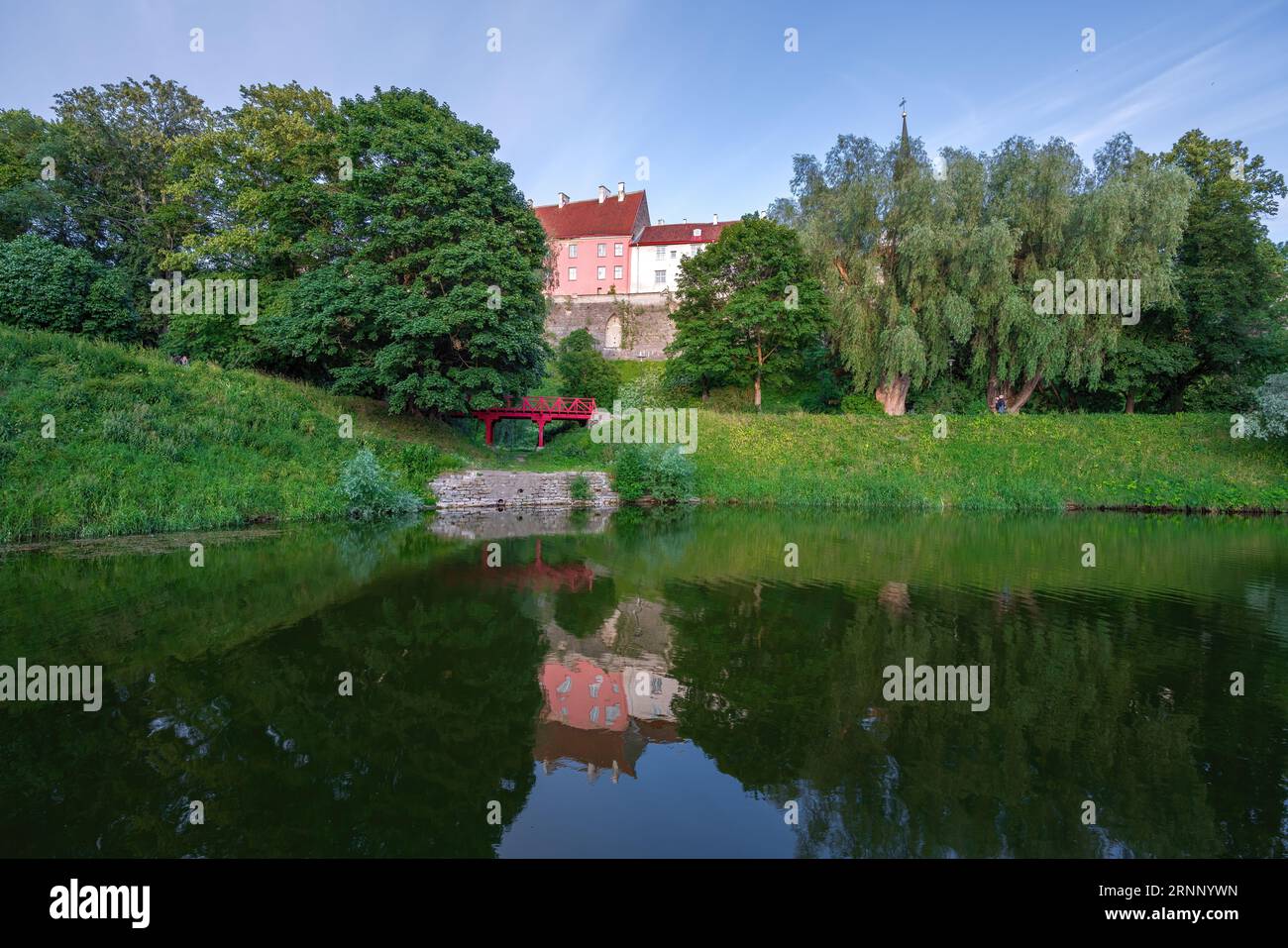 Snelli Park Pond with Red Bridge - Tallinn, Estonia Stock Photo - Alamy