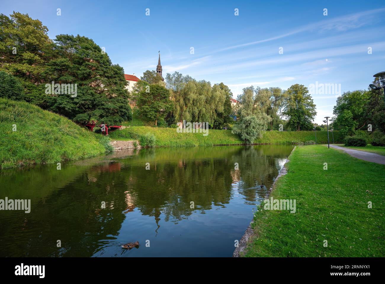 Snelli Park Pond with Red Bridge - Tallinn, Estonia Stock Photo - Alamy
