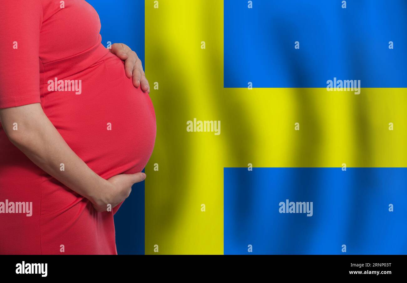 Swedish pregnant woman belly on Swedish flag background Stock Photo - Alamy
