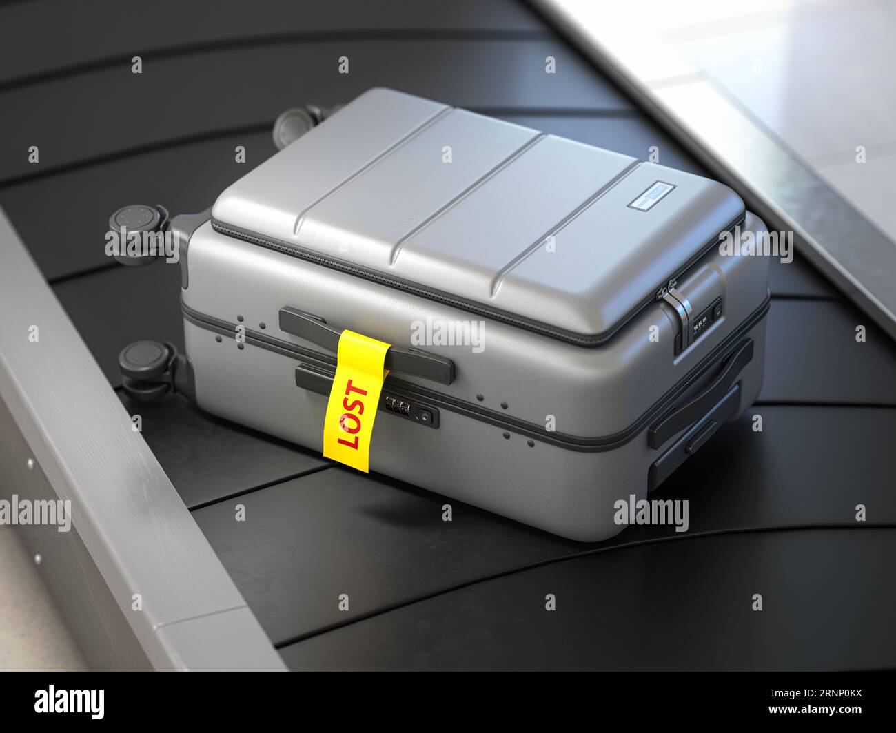 Suitcase with lost sticker on an airport baggage conveyor or baggage ...