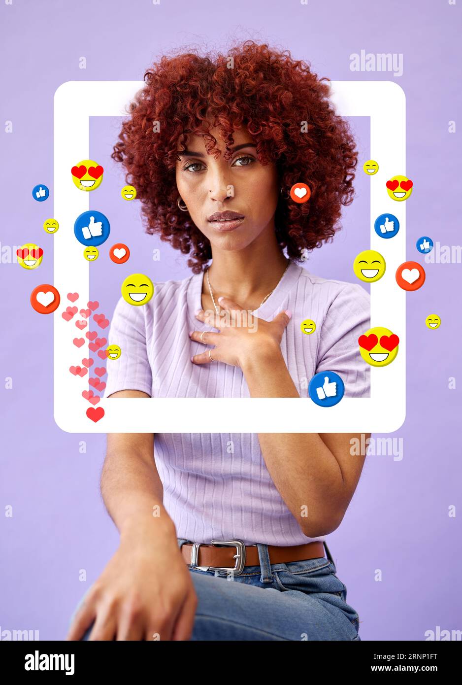 Portrait of woman influencer, social media and emoji in studio to like ...