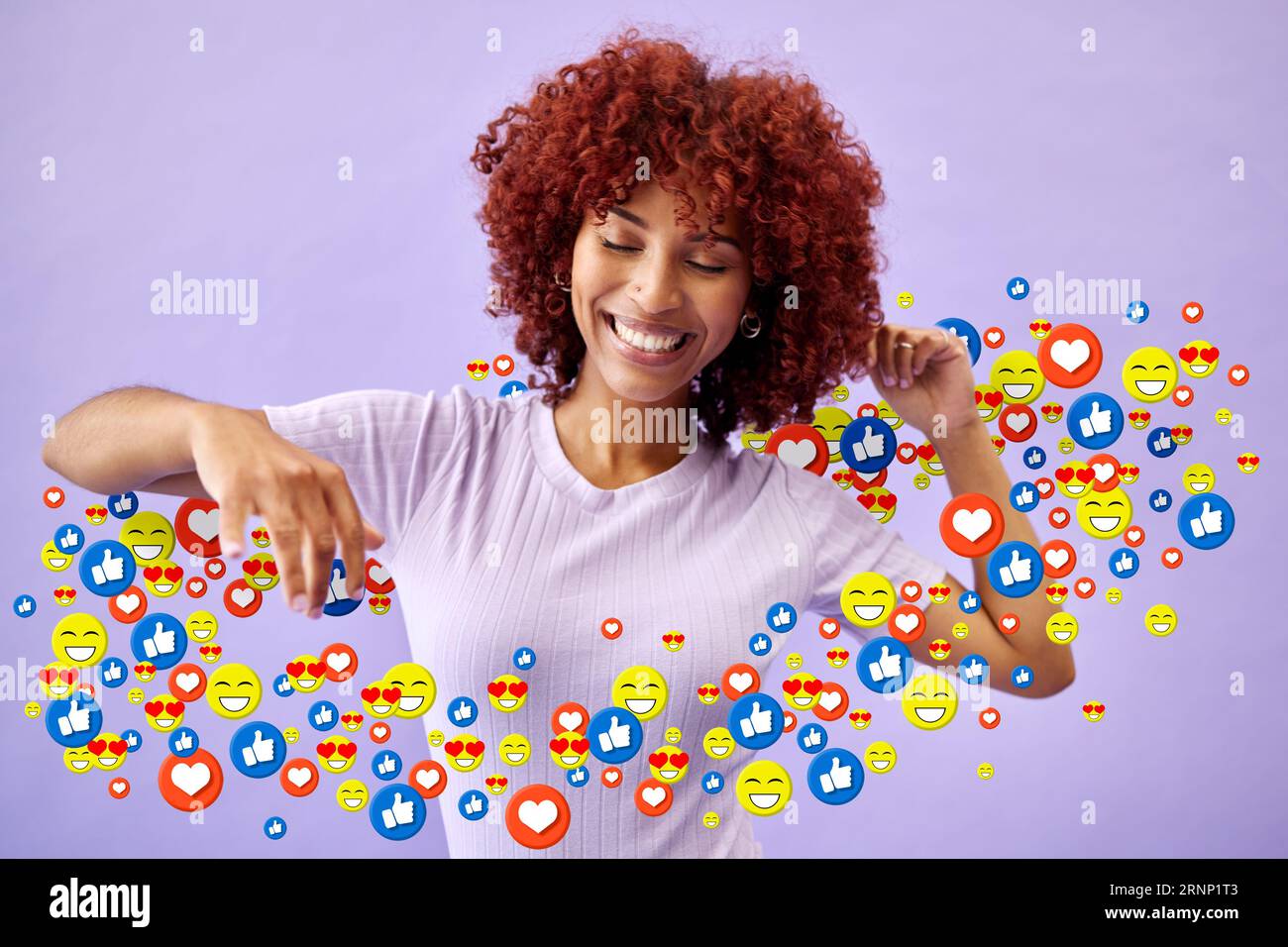 Happy woman, content creator and social media emoji in studio to like ...