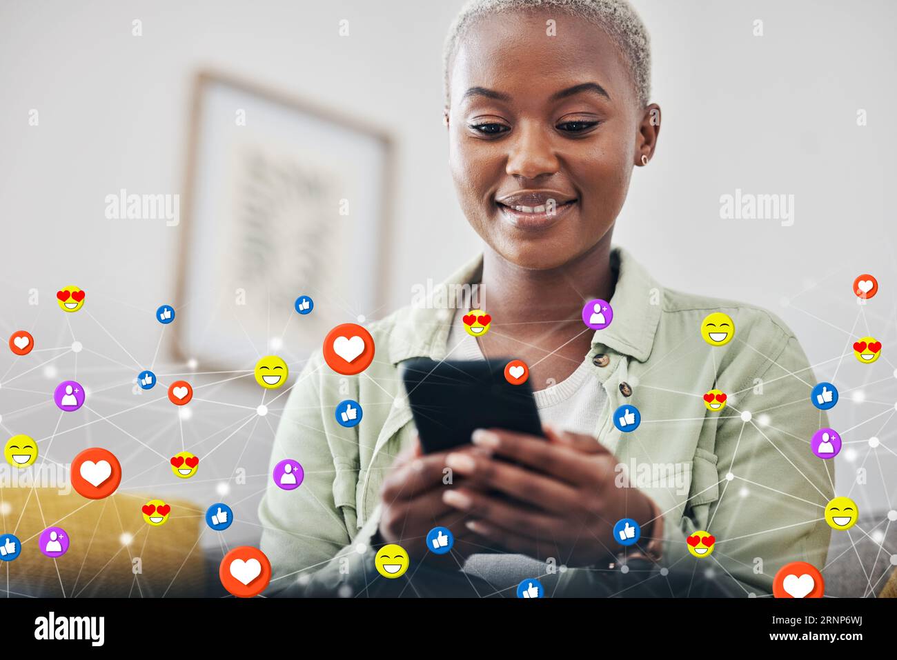 Happy woman on sofa with phone, emoji and social media post, meme or ...